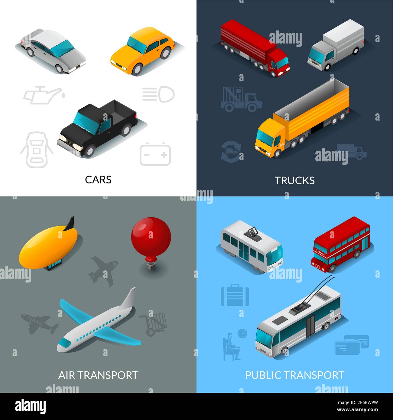 Transport design concept set with cars trucks air and public transport ...
