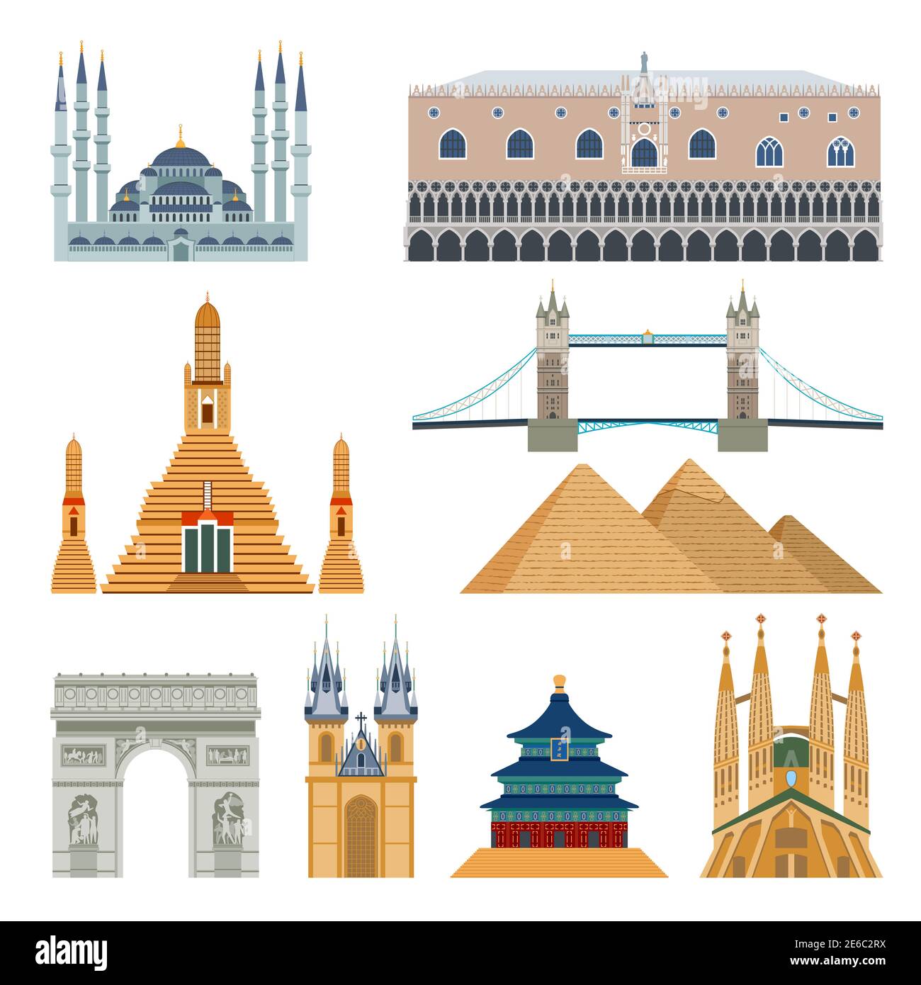 World famous landmarks and monuments flat icons set isolated vector ...