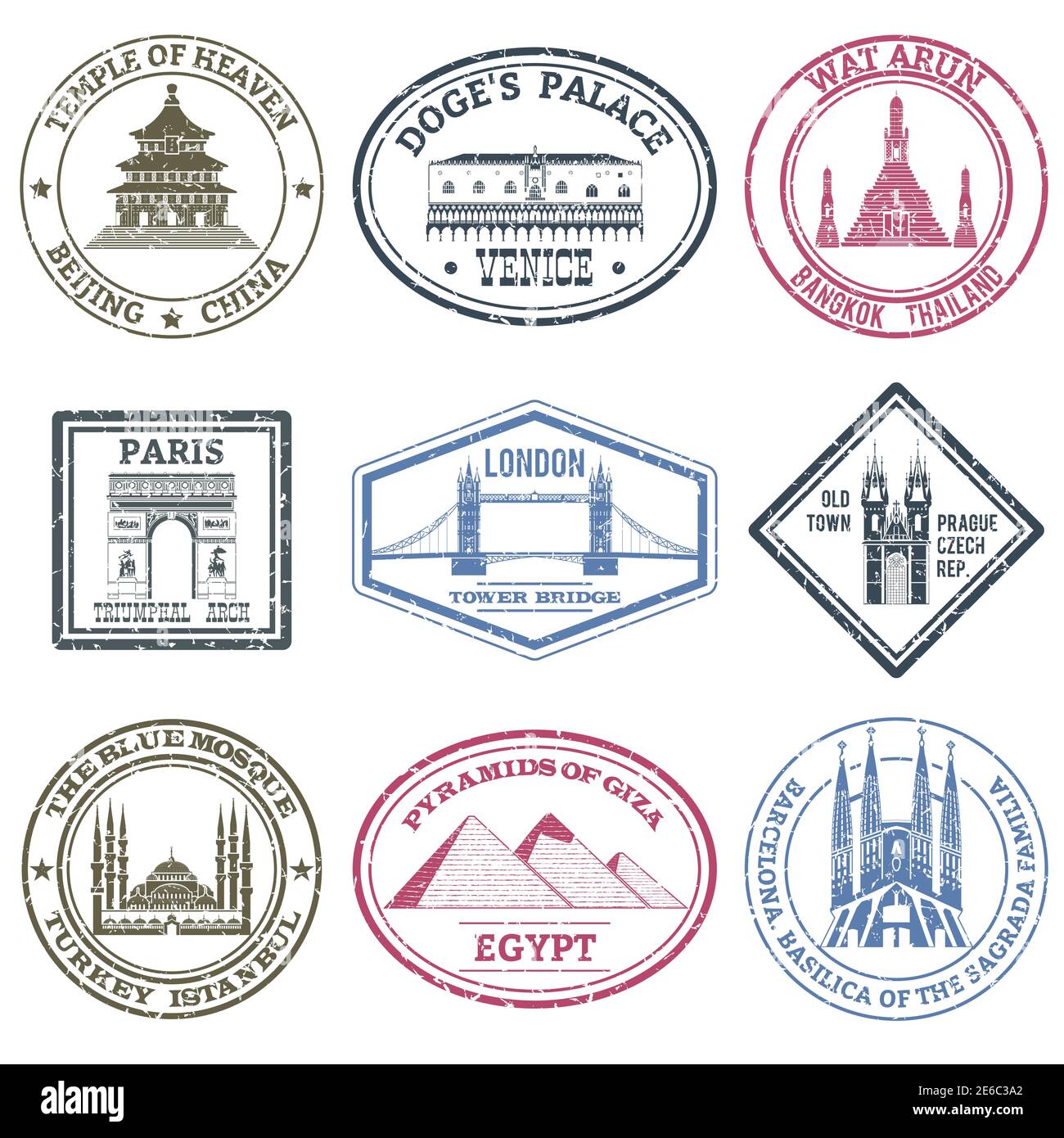 Monuments and famous world landmarks stamps set isolated vector ...