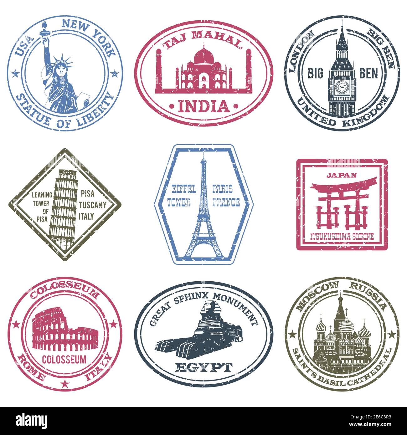 Monuments and world landmarks postal stamps set isolated vector ...
