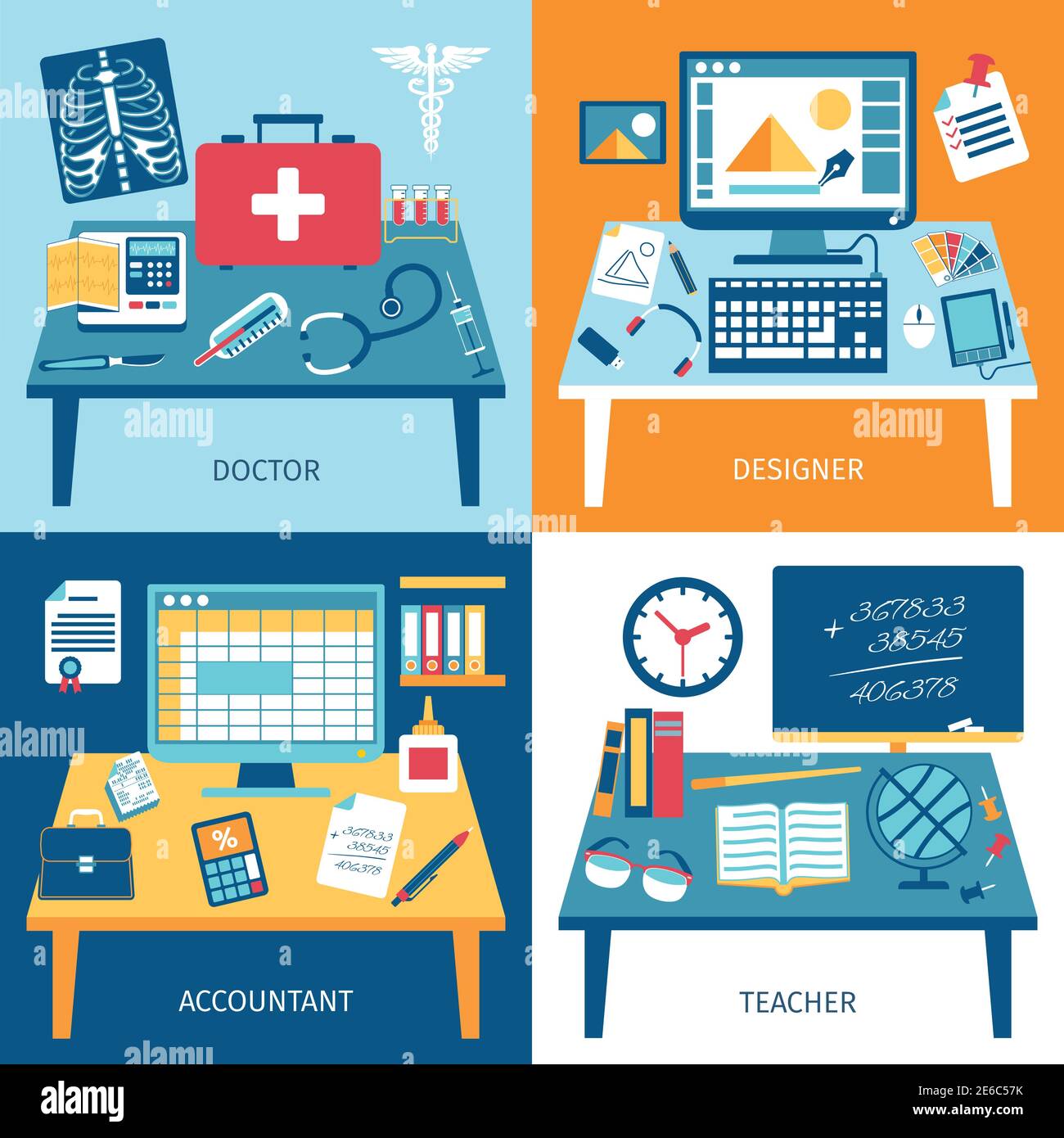 Workspace design concept set with doctor designer accountant and ...
