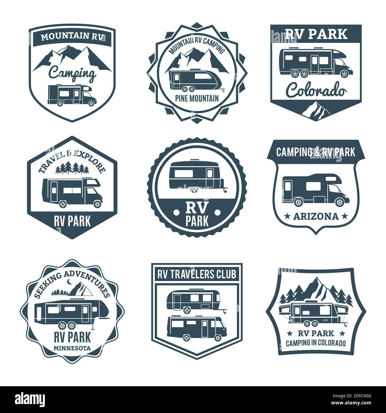 Recreational vehicle for camping and travel emblems set isolated vector ...