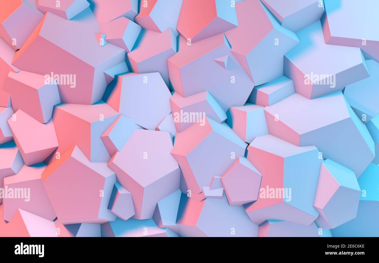 Abstract background with 3D shapes flying in pink and blue light as a ...