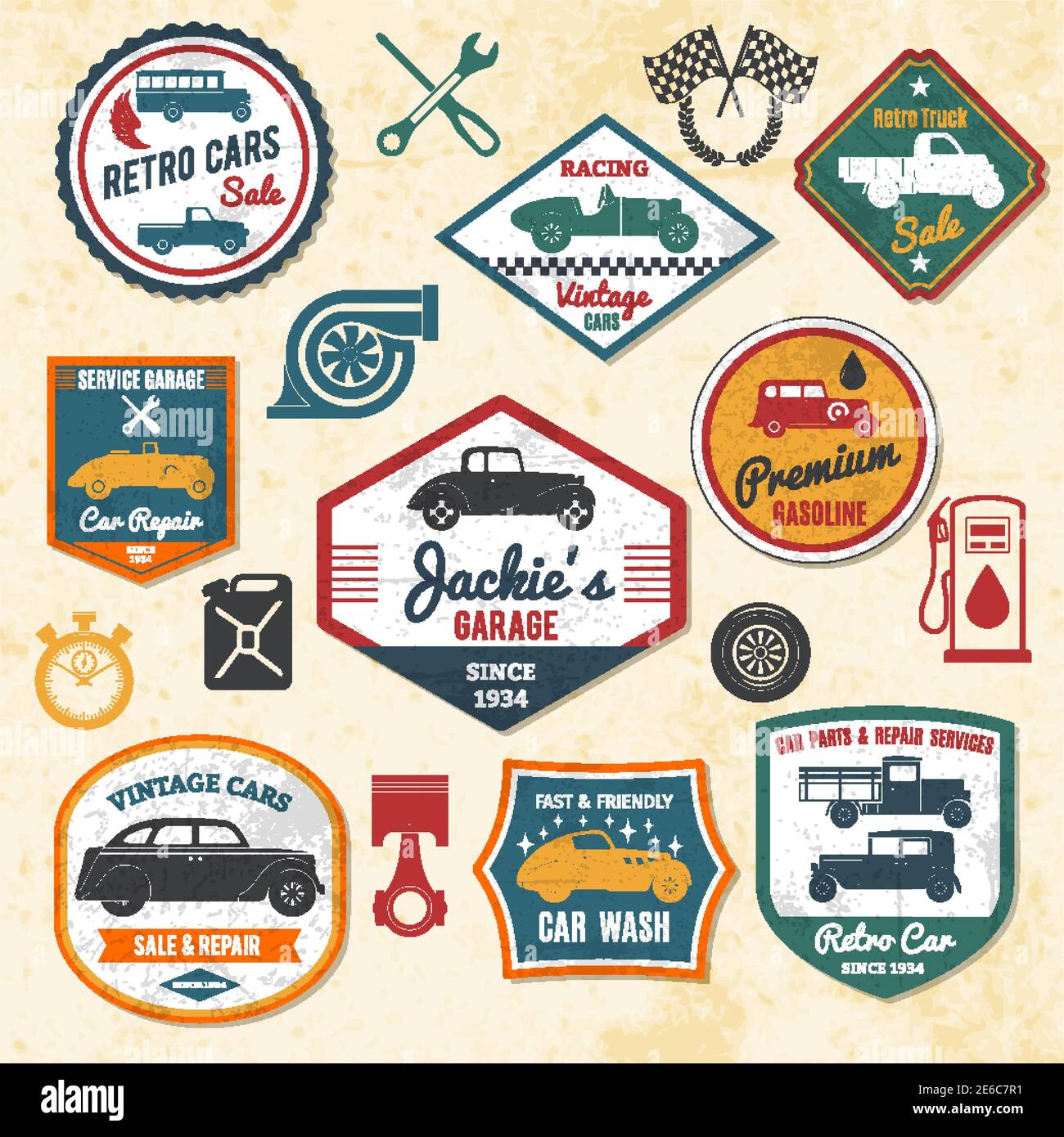 Retro and old car repair shops labels set isolated vector illustration ...