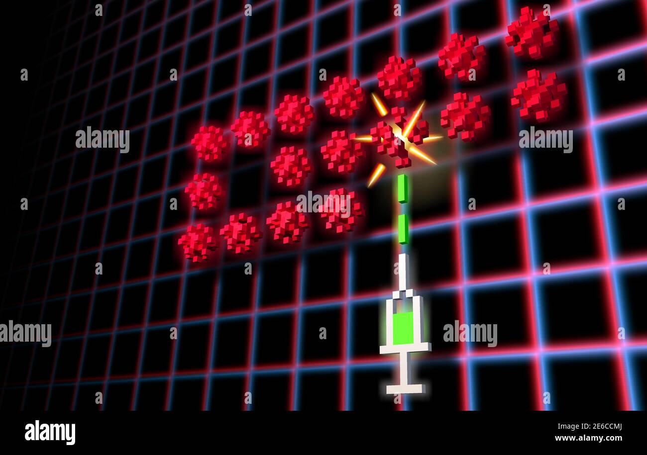 COVID vaccination concept with vaccine syringe shooting coronavirus ...
