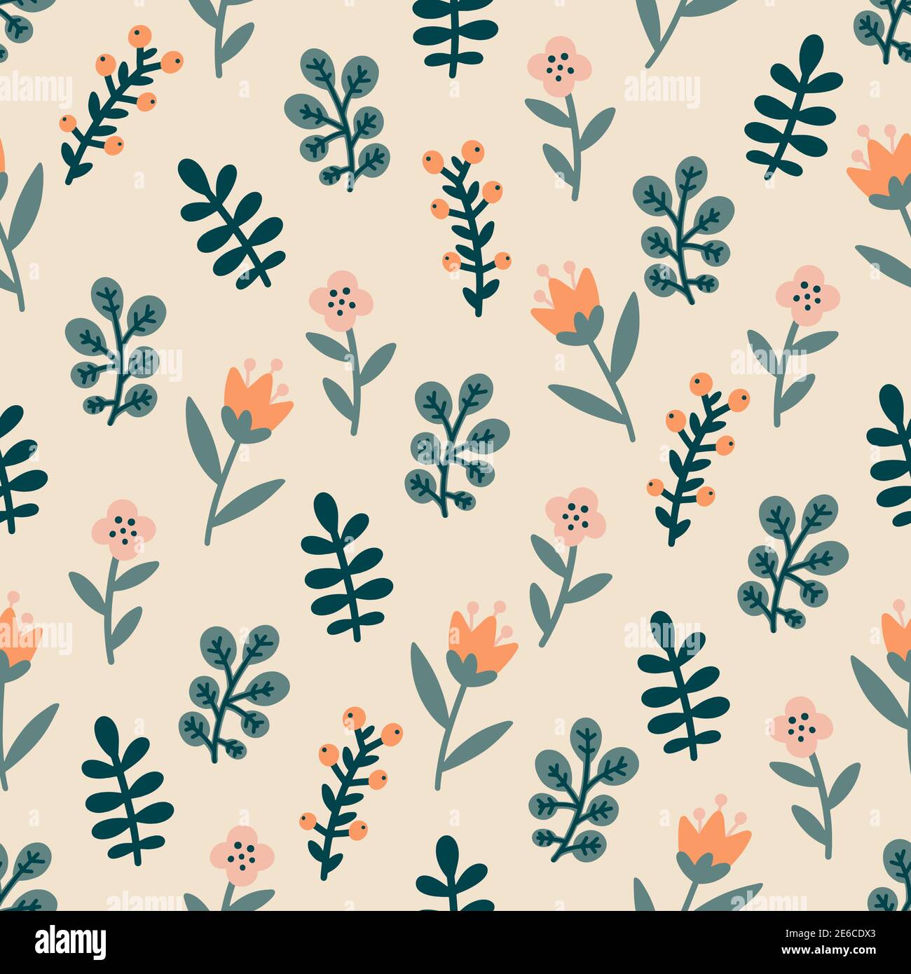 Floral seamless pattern with doodle flowers, branches and leaves. Hand ...