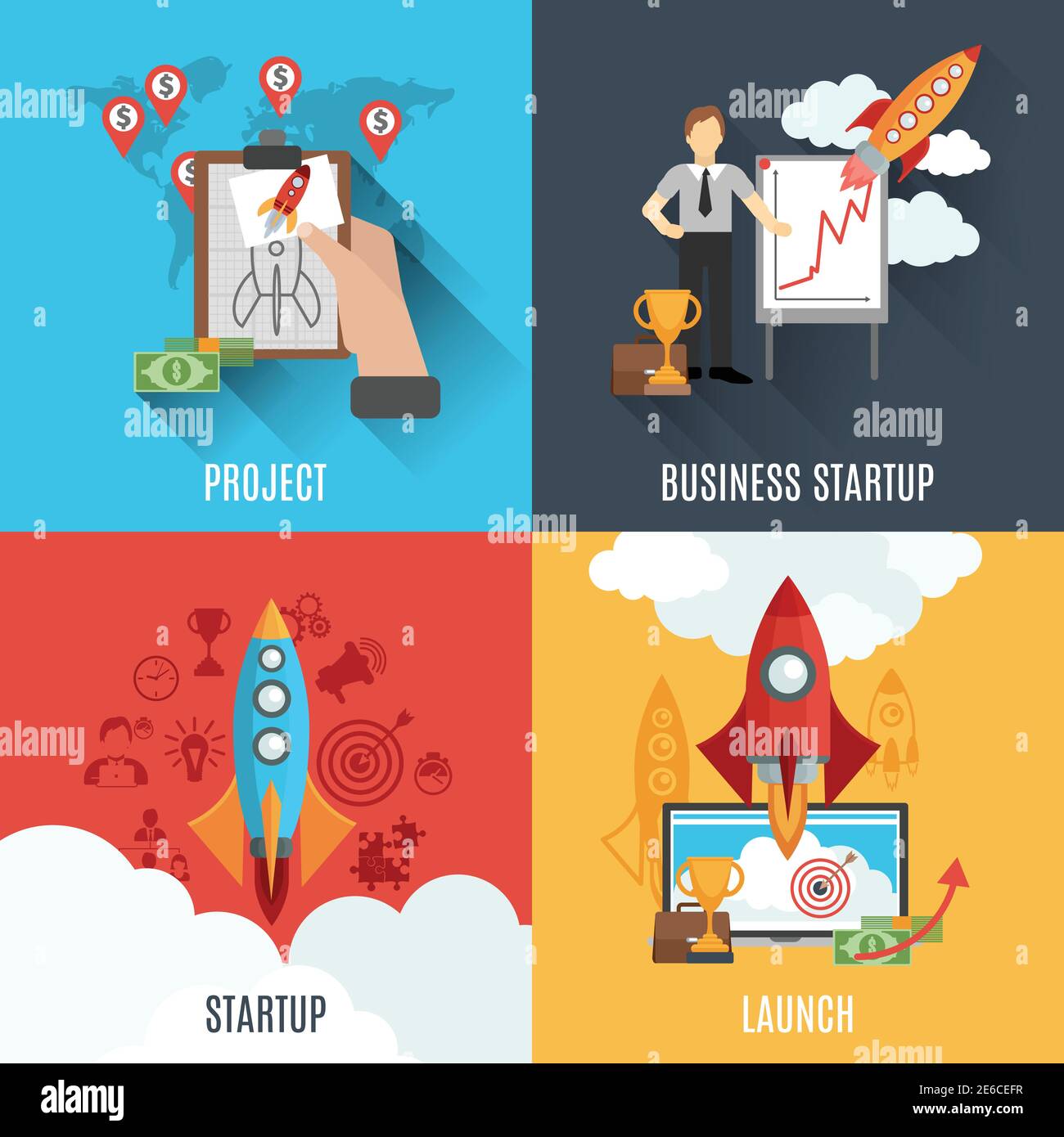 Innovative profitable business startup project 4 flat icons composition ...