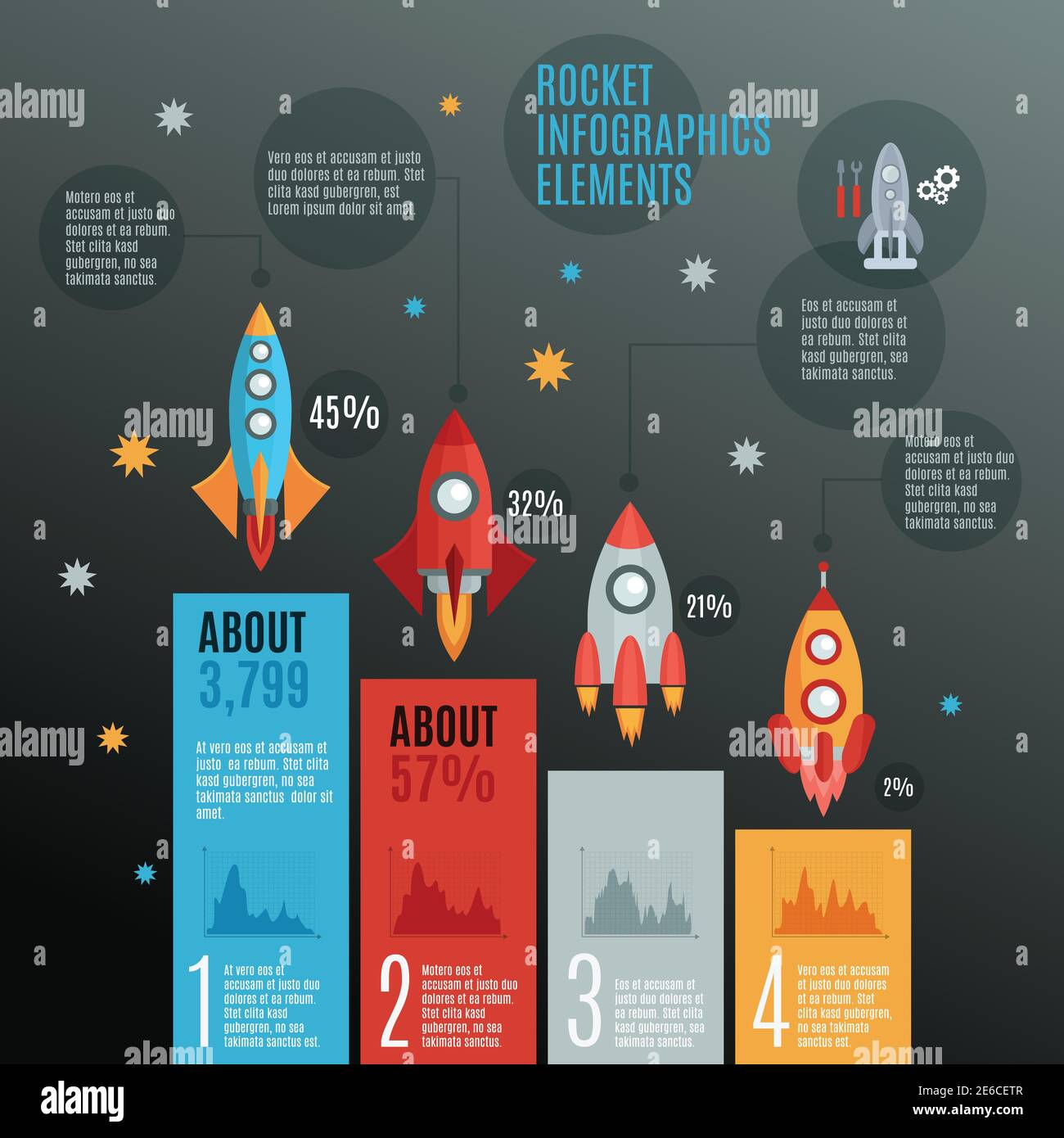 Rockets and launch Infographic set with repairs models and space flat ...