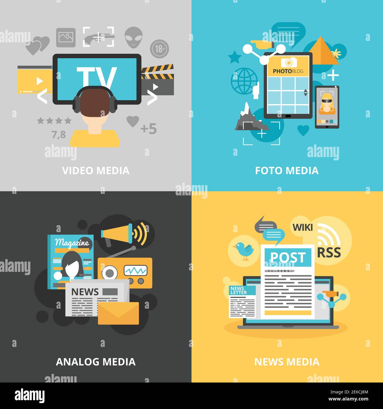 Press and media industry icons set with video photo analog and news ...