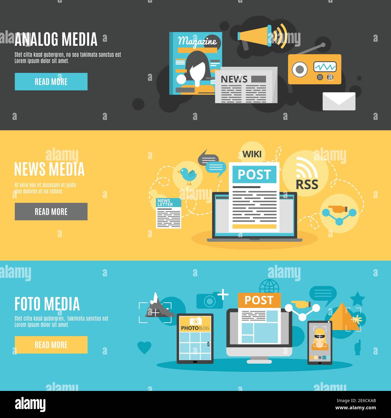 Media and press horizontal banners set with photo analog and news media ...