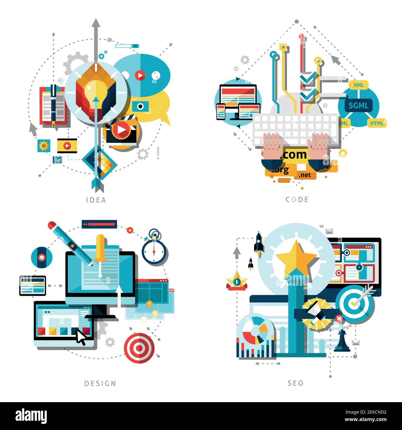 Creative work and ideas icons set with computer design projects and ...