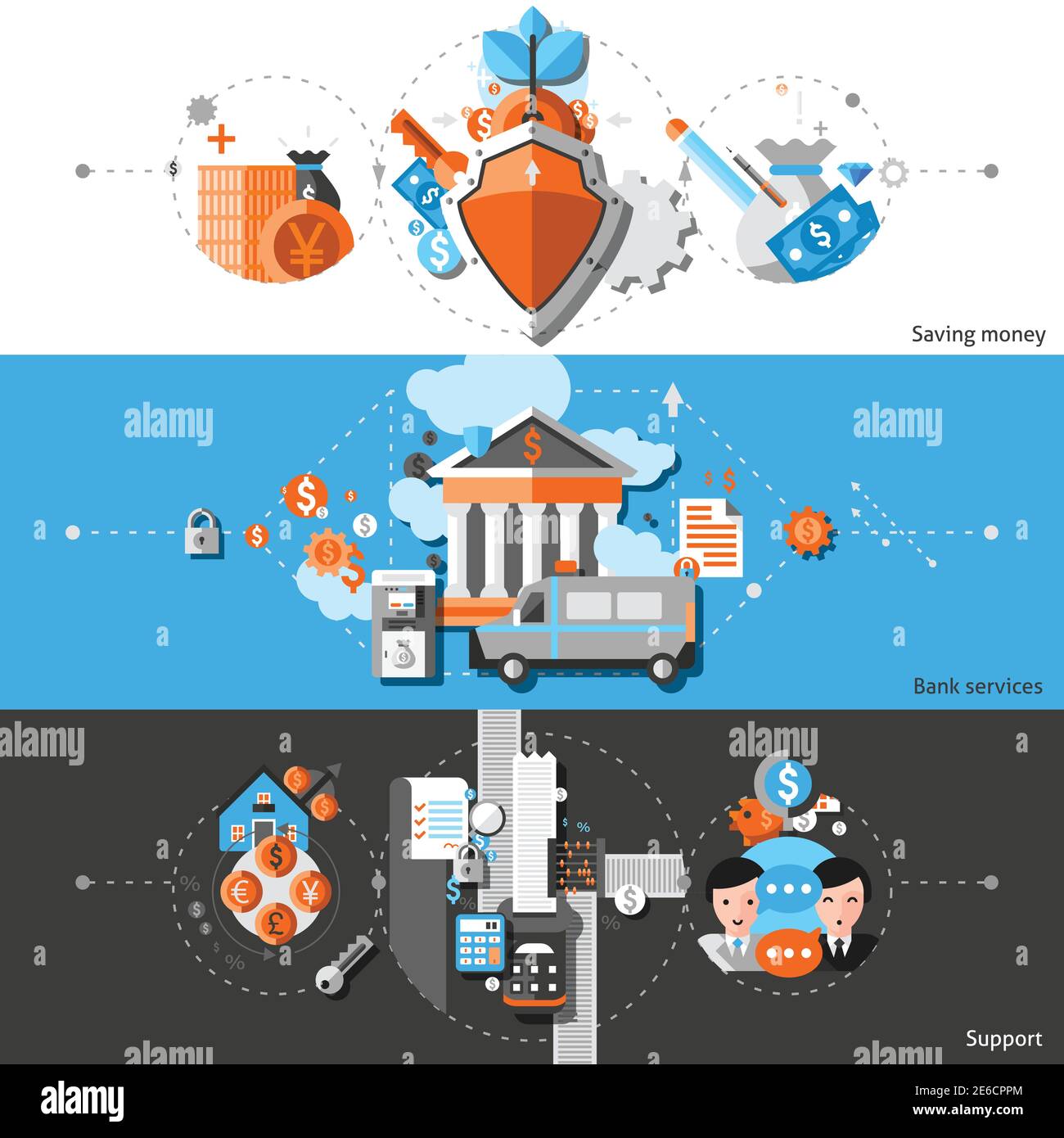 Banking horizontal banners set with saving money and support elements ...