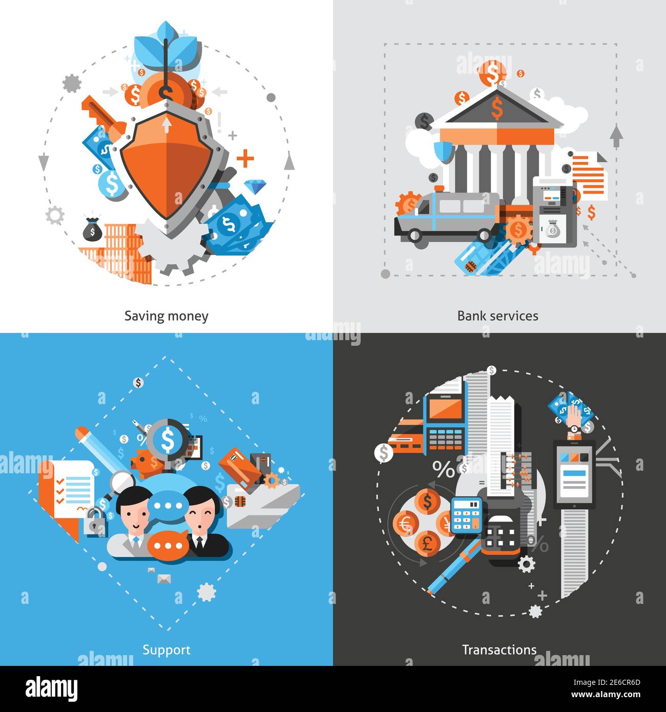 Banking design concept set with saving money and transaction support ...