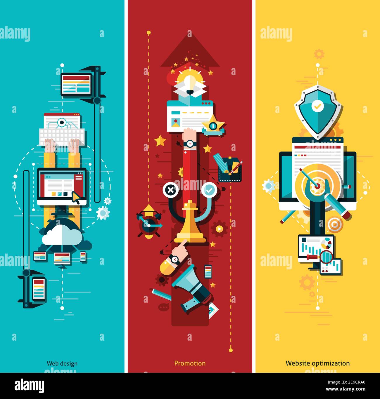 SEO development vertical banners set with web design flat elements ...