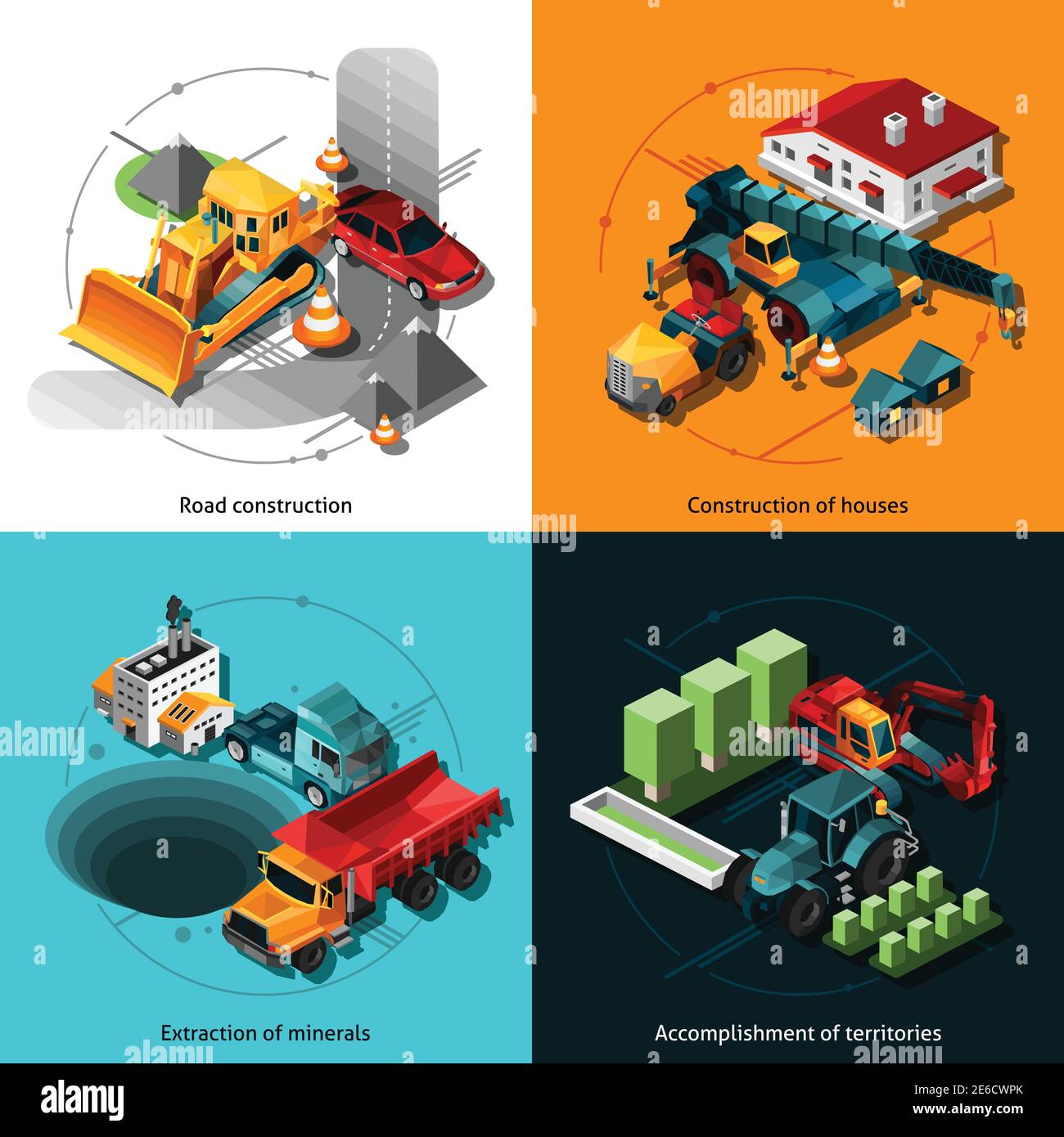 Isometric construction machines set with low poly road and house ...