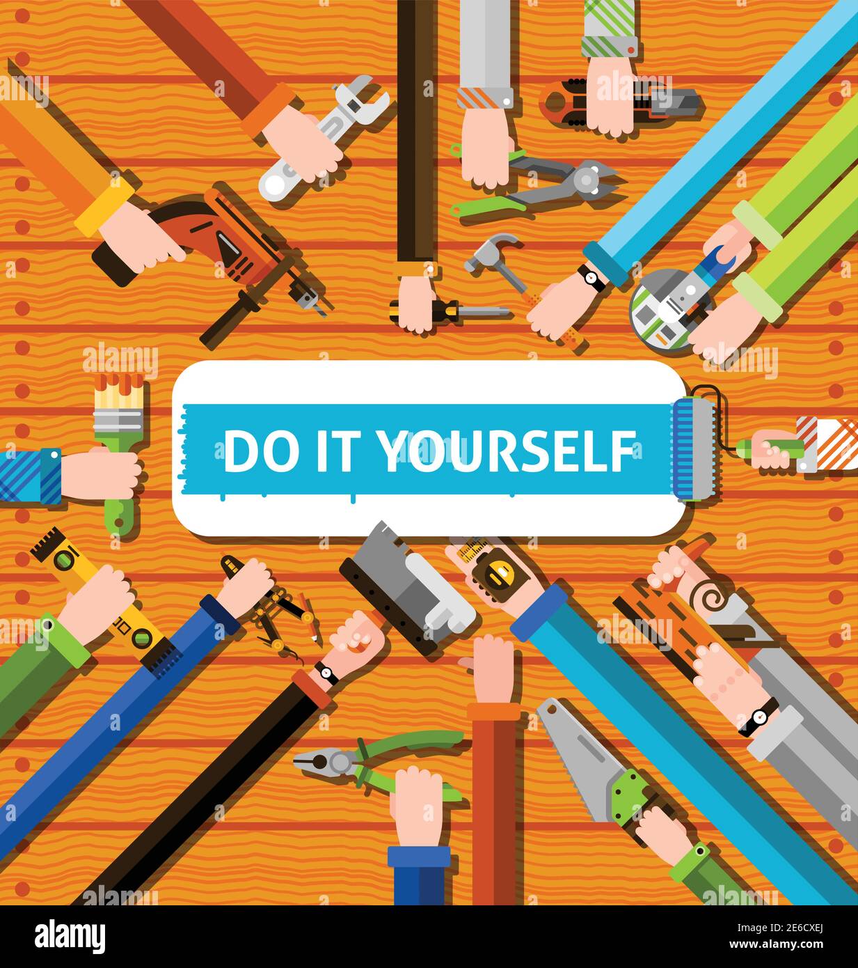 DIY poster with human hands holding repair tools on wooden background ...