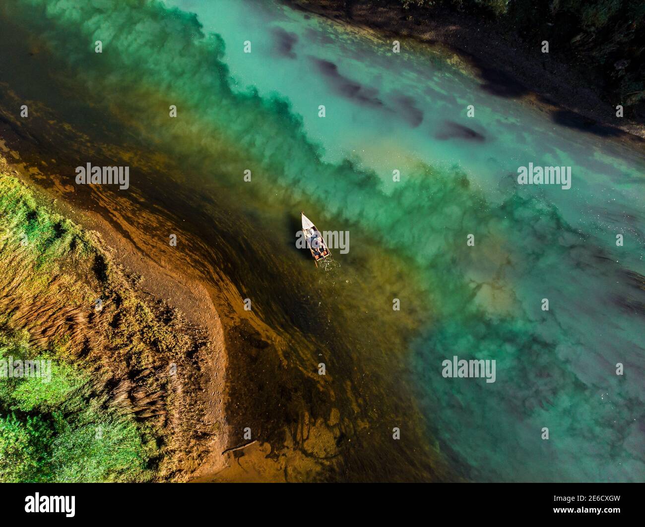 Aerial view fishing boat floating blue sea water hi-res stock ...