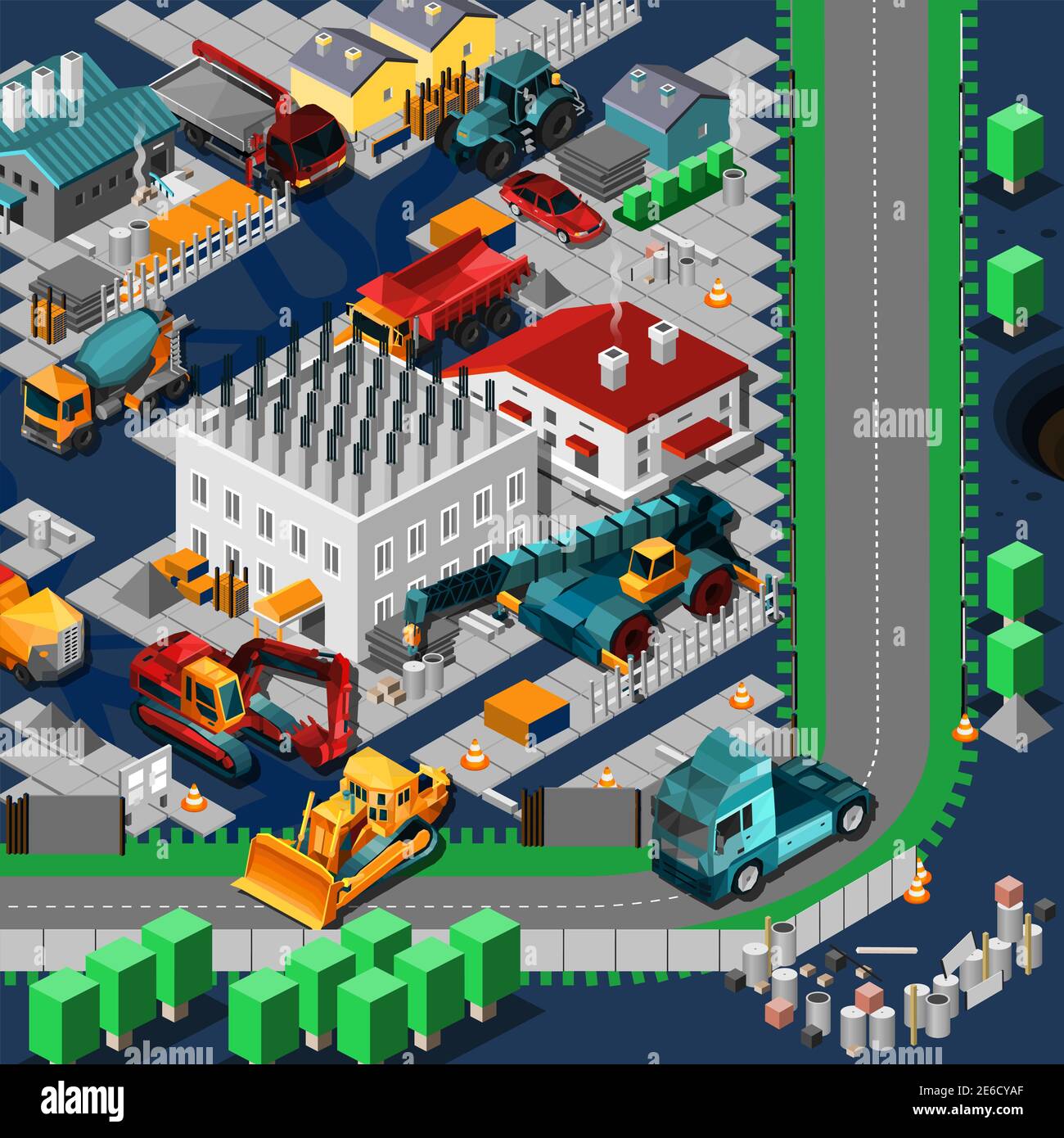 Isometric construction machines concept with low poly tracktors and ...