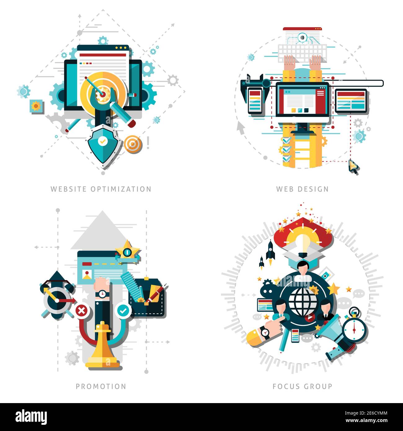 SEO development concept set with website optimization icons flat ...