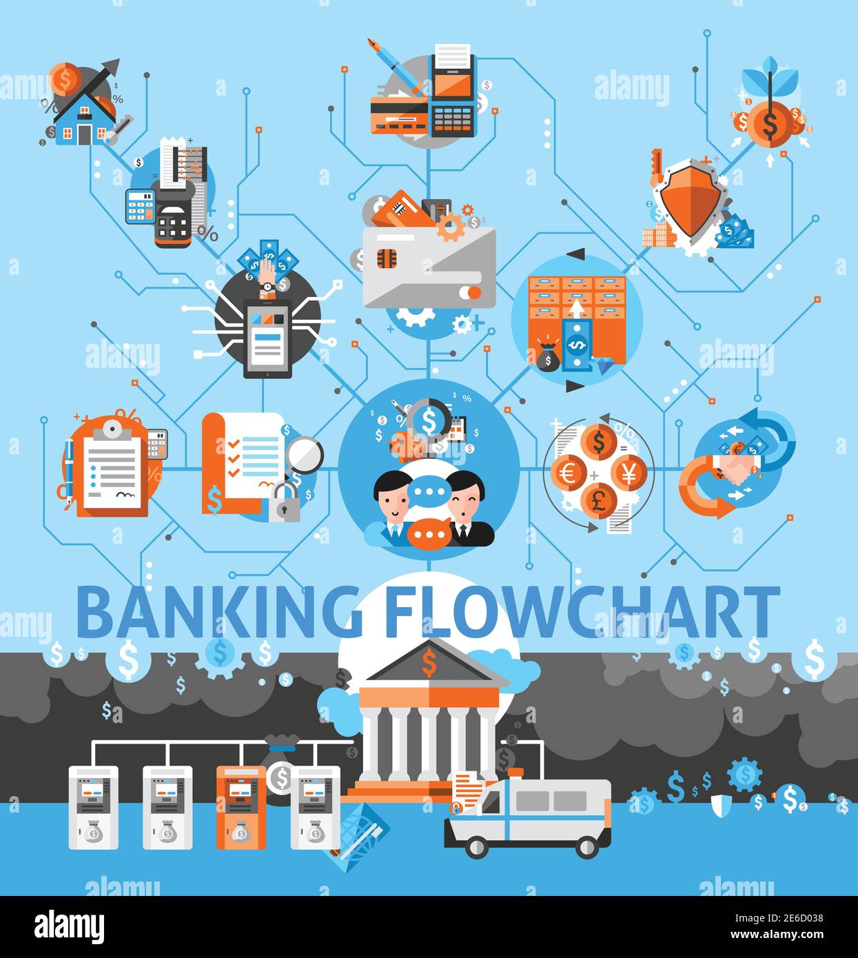 Banking system flowchart with flat financial icons set vector ...