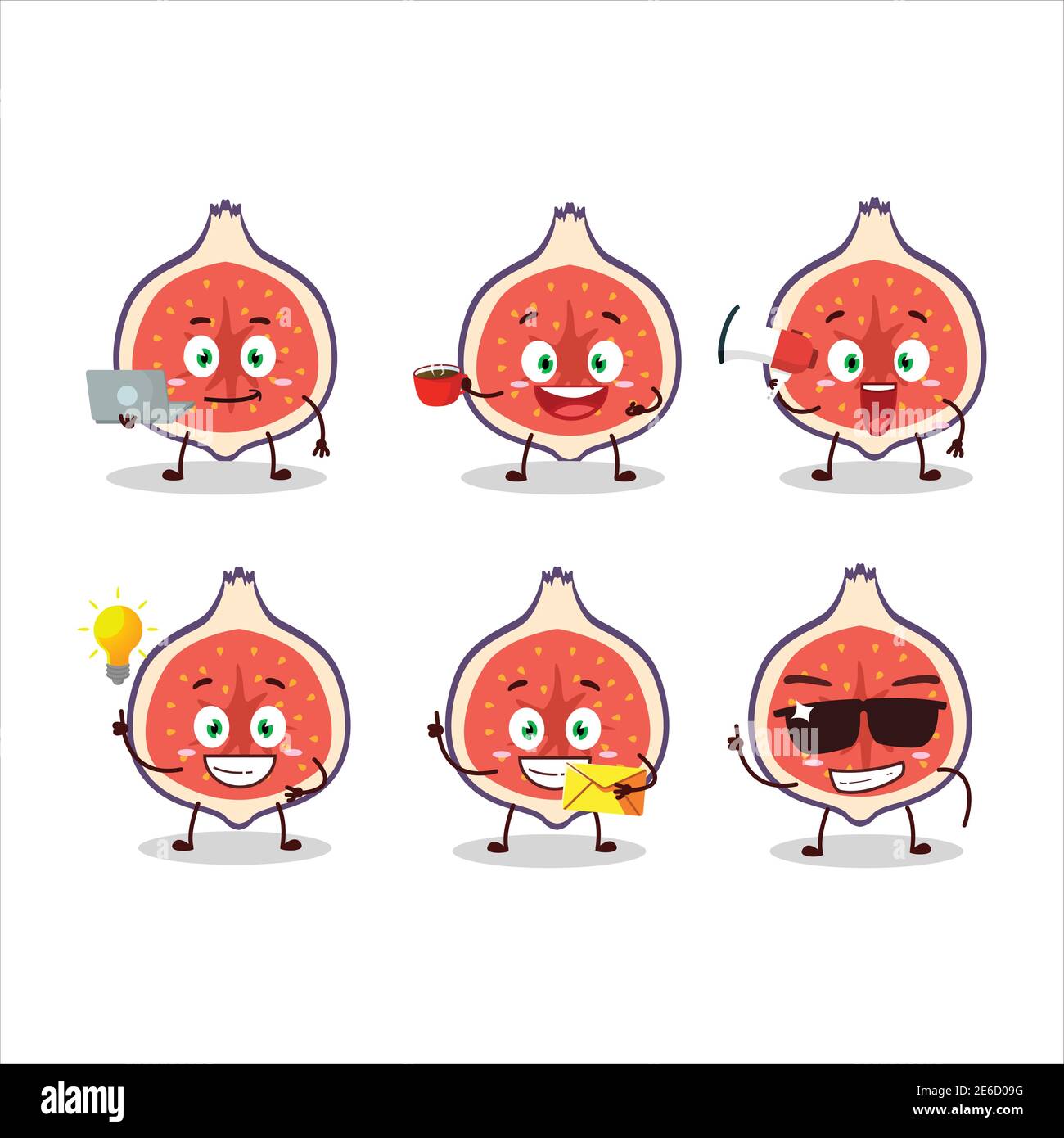 Slice of fig cartoon character with various types of business emoticons ...