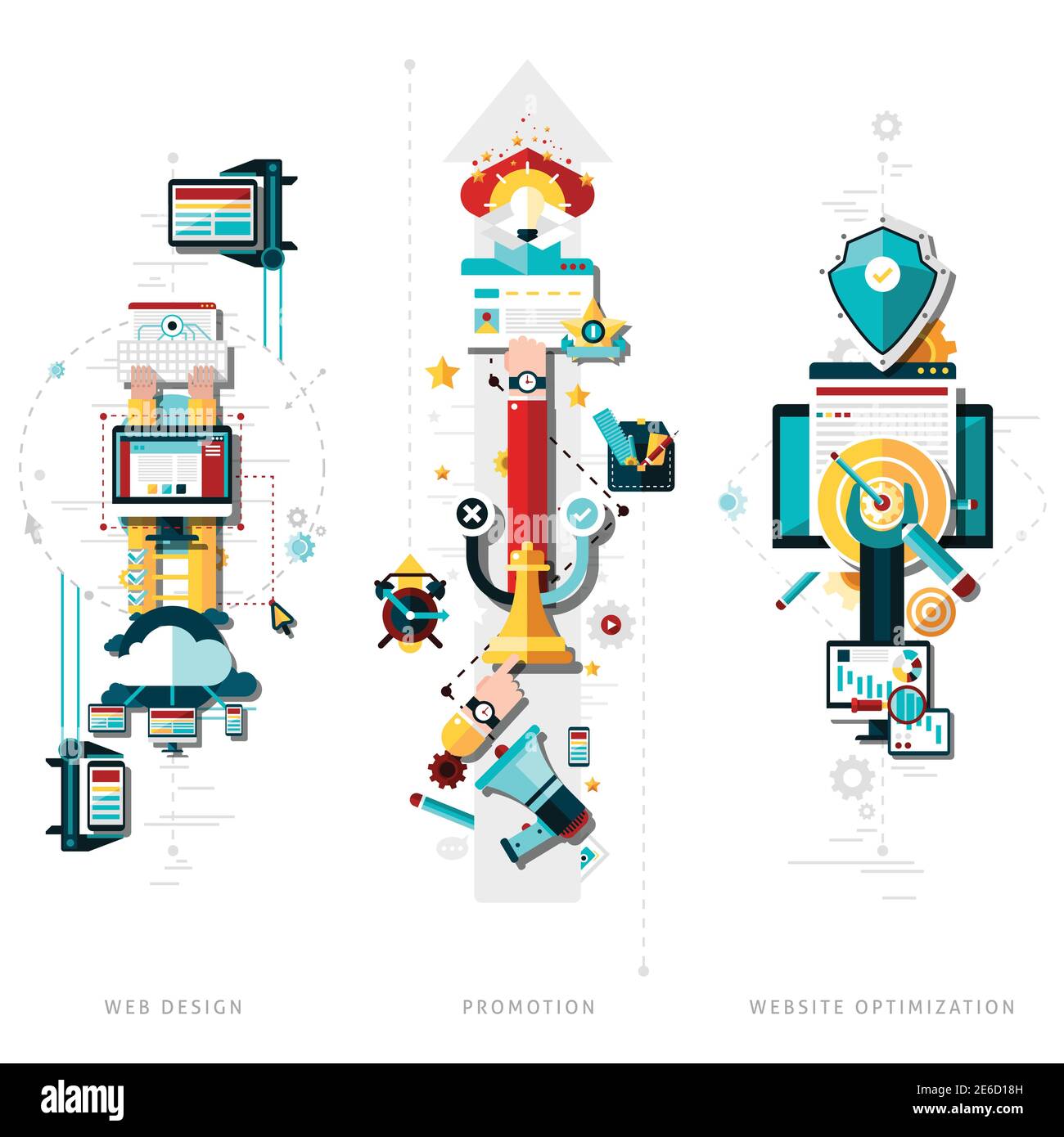 SEO development vertical banners set with web design and promotion flat ...