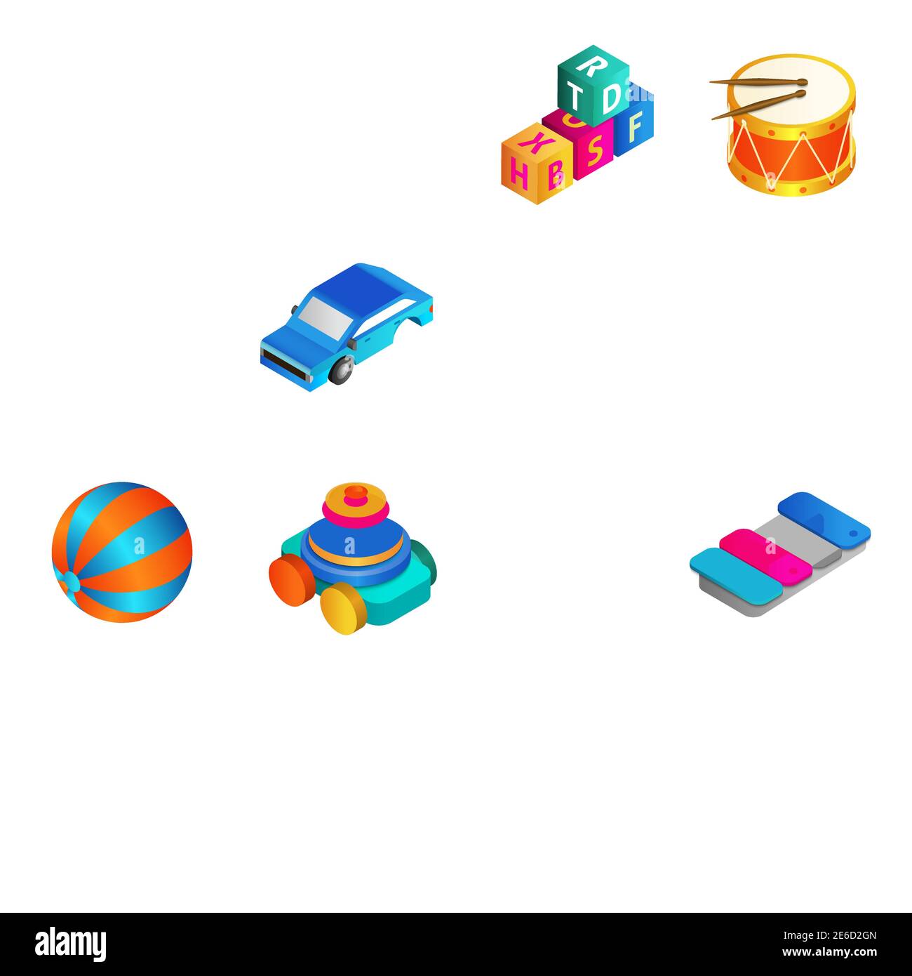 Toys isometric set with 3d rocking horse drums and rocket isolated ...