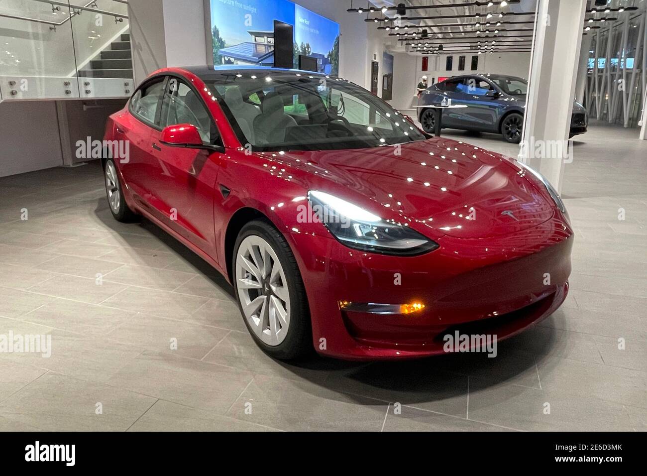 A Tesla Model 3 electric car, Thursday, Jan. 28, 2021, in Santa Monica ...