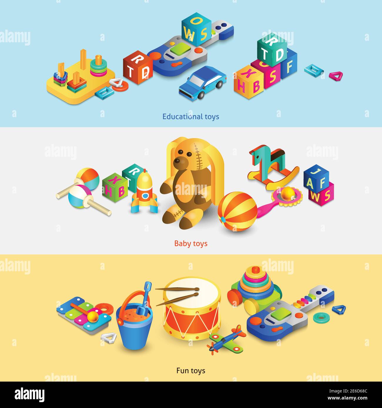 Toys horizontal banners set with isometric fun baby educational toys ...