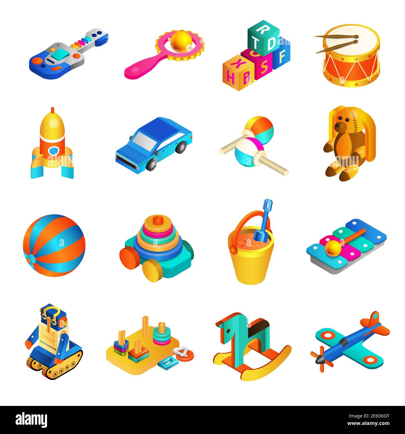 Toys isometric set with 3d rocking horse drums and rocket isolated ...