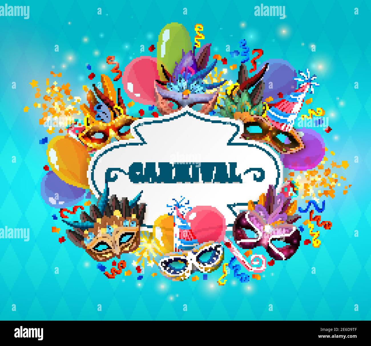 Carnival realistic concept with masks and balloons on blue background ...
