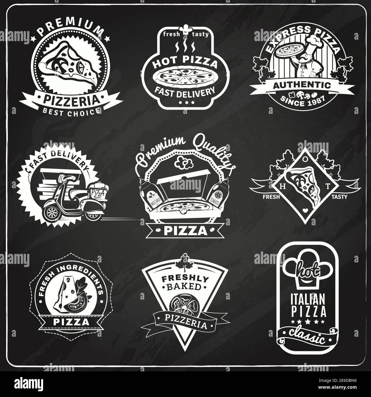 Pizza chalkboard emblems set with classic baked pizza symbols flat ...