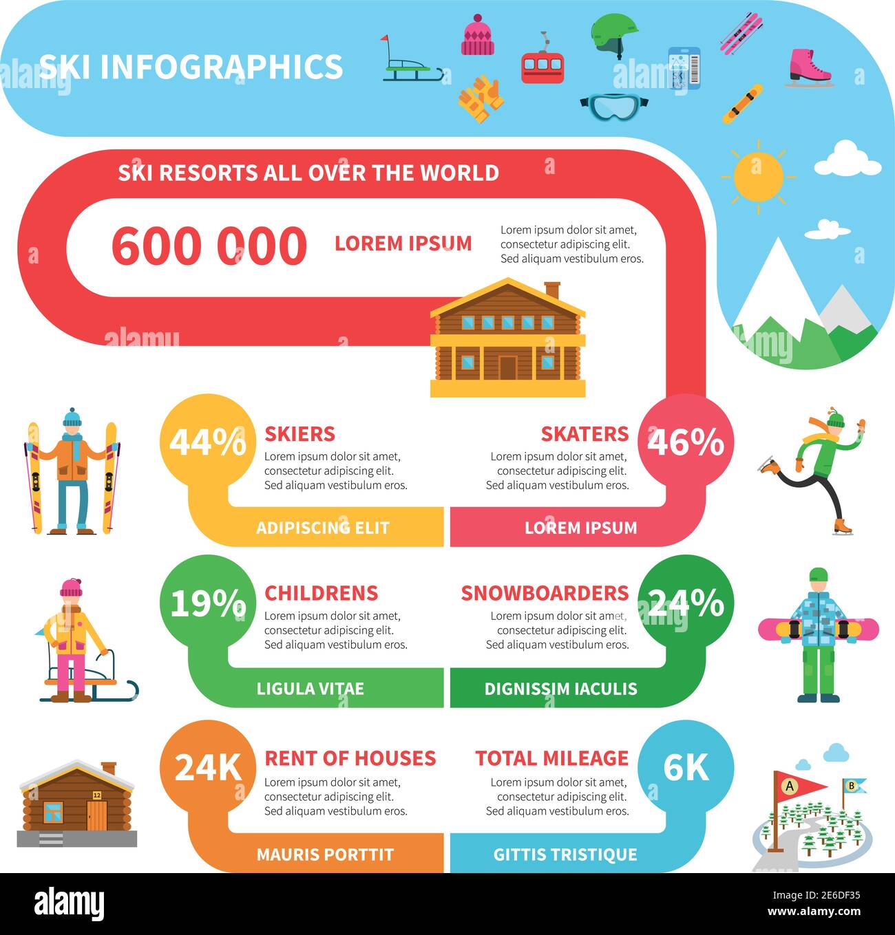 Winter sport infographics set with ski skates snowboard equipment ...