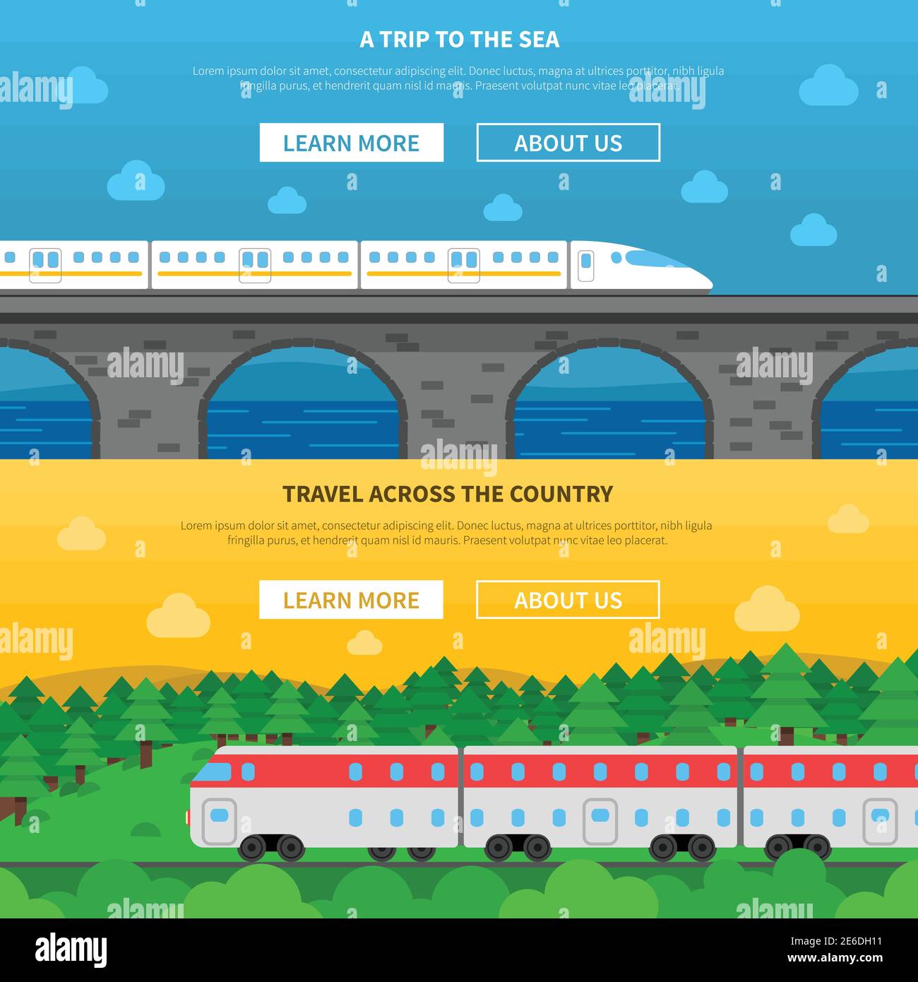 Railway horizontal banner set with trains with nature background ...