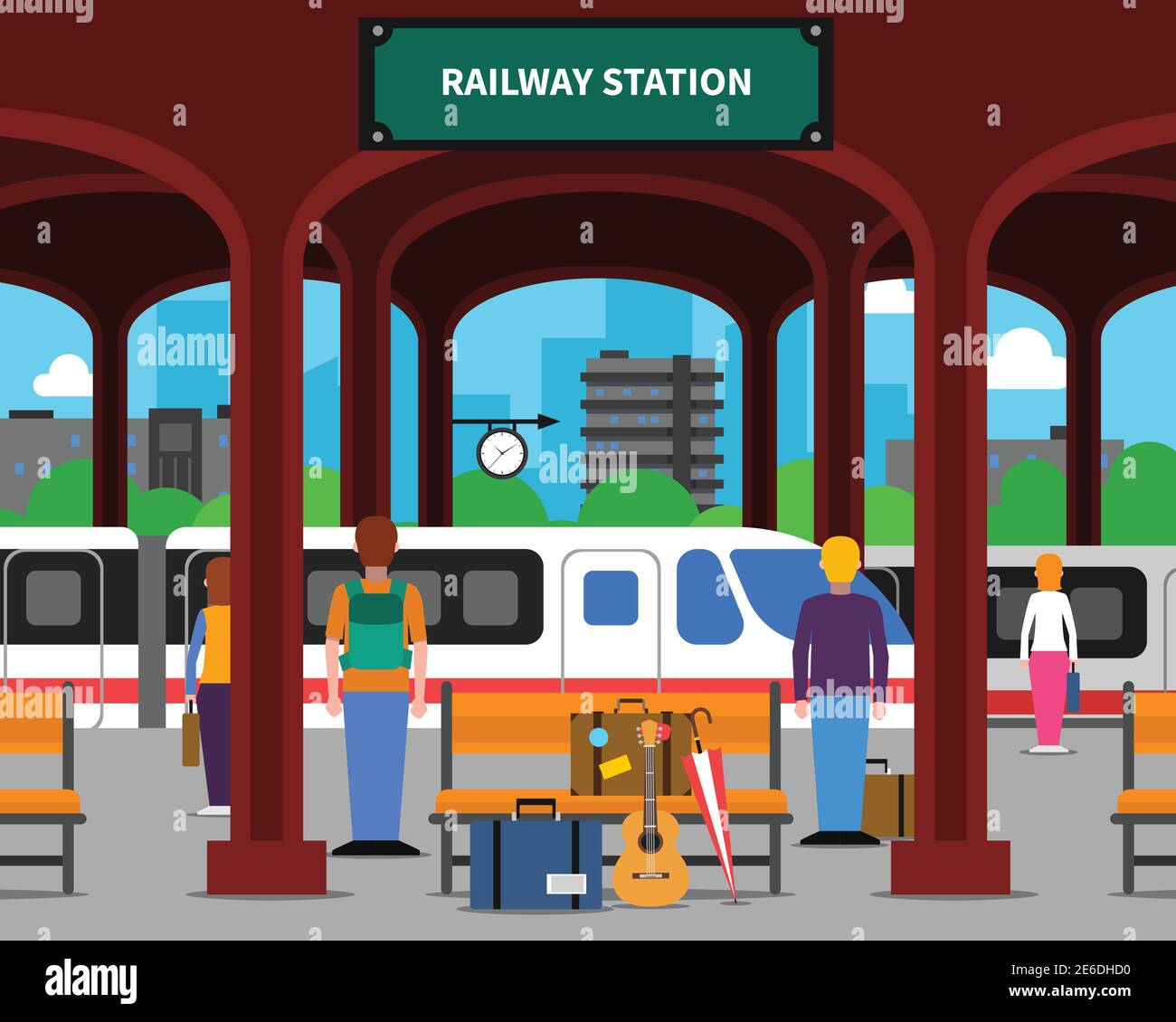 Railway Station With Locomotive And Passengers On Platform Flat Vector