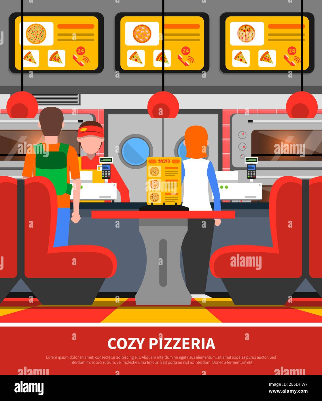 Fast food restaurant pizzeria interior with customer silhouettes flat ...