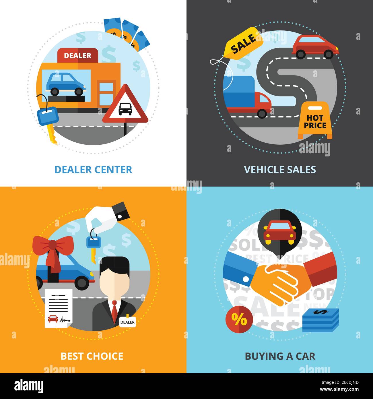 Car dealership 2x2 design concept set of dealer center vehicle sale ...