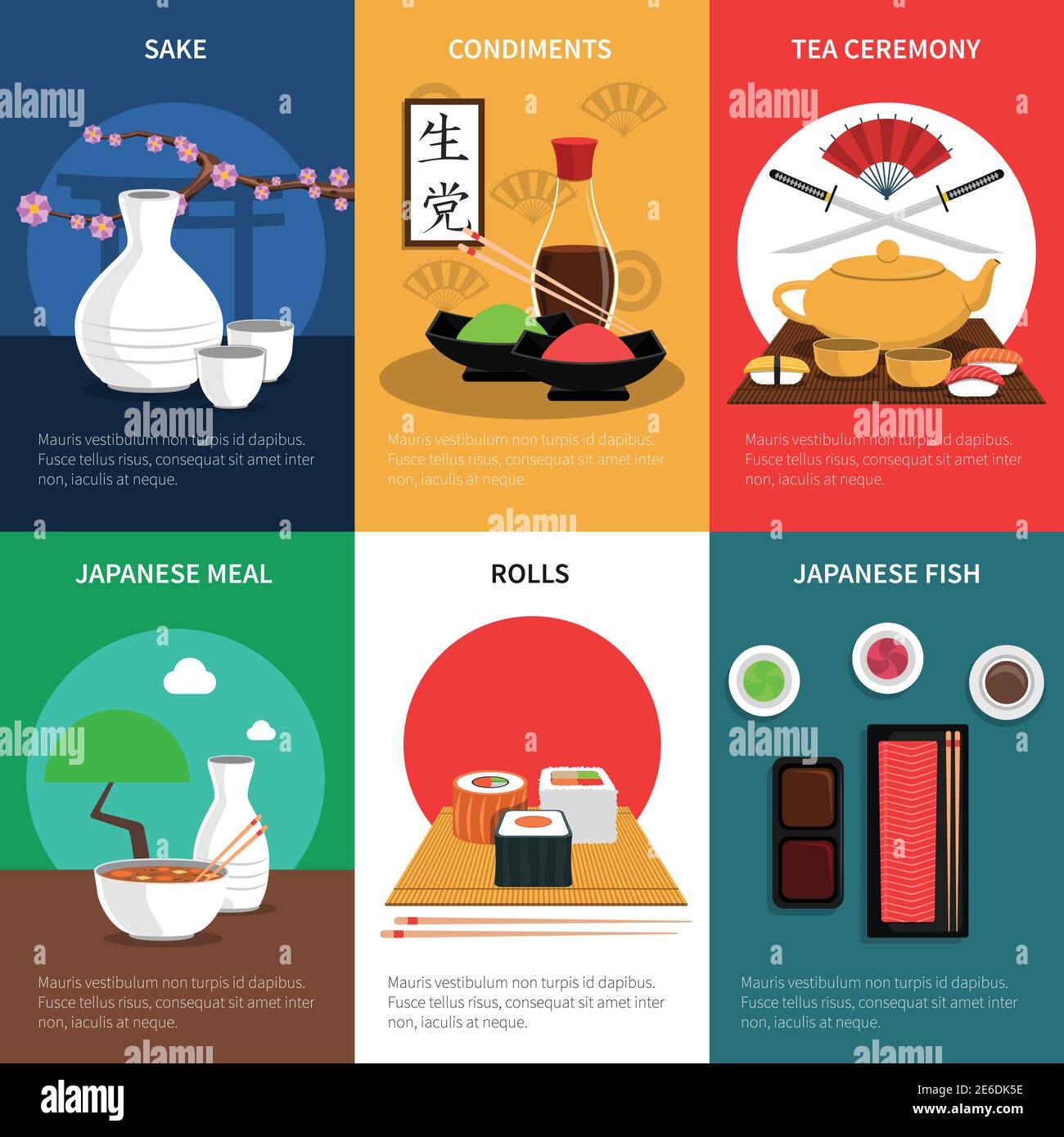 Sushi mini poster set with japanese meal fish and condiments isolated ...