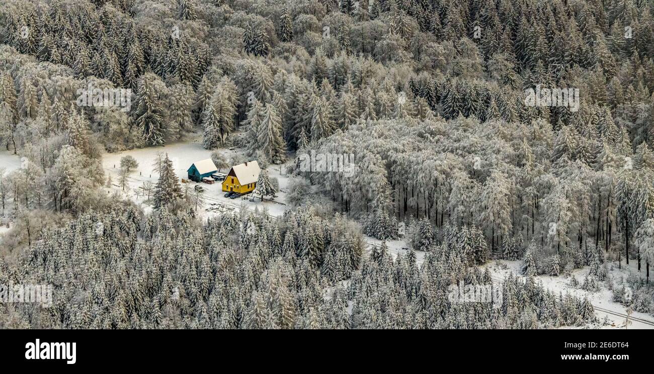 Aerial view of Meschede forest near Enste with a country house in ...