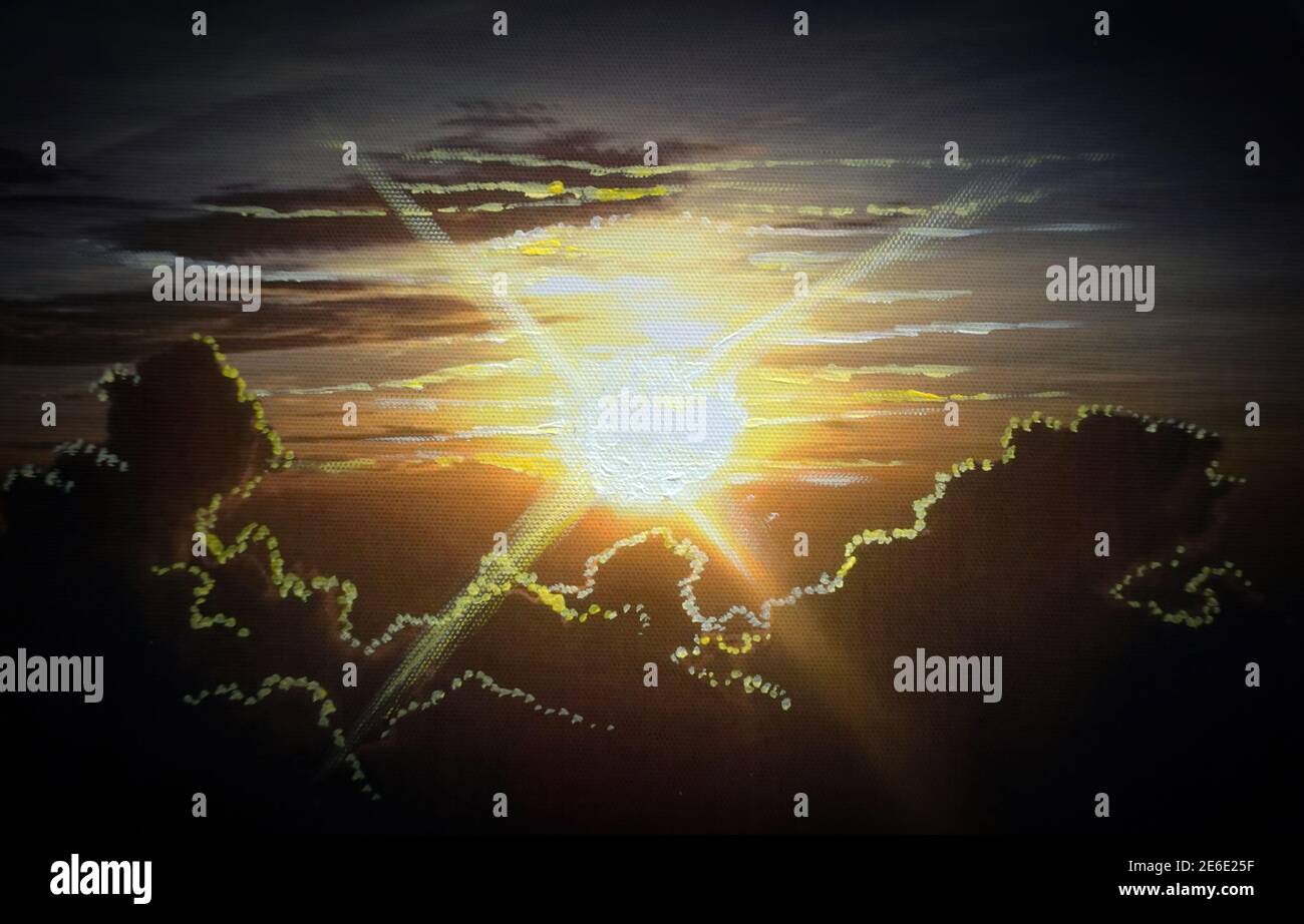 painting oil color Fine art Sun rise , landscape, nature Stock Photo ...