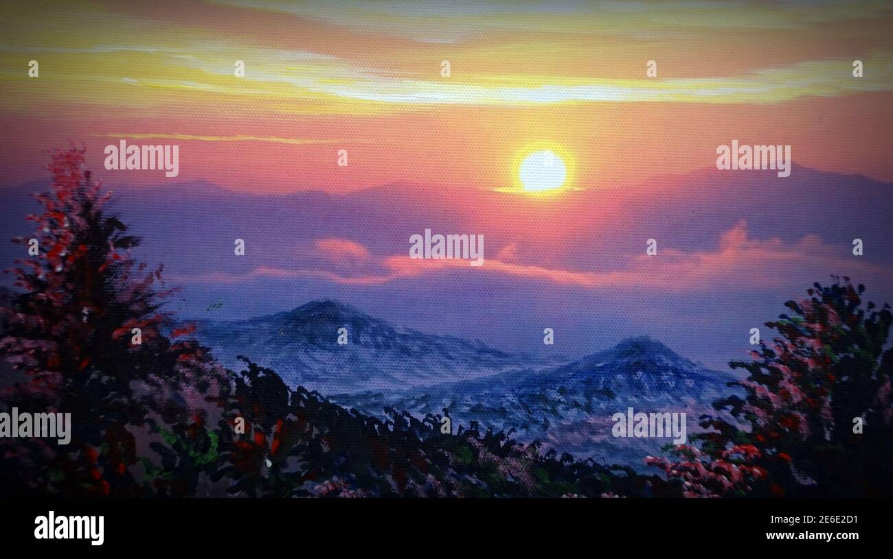 painting oil color Fine art Sun rise , landscape, nature Stock Photo ...