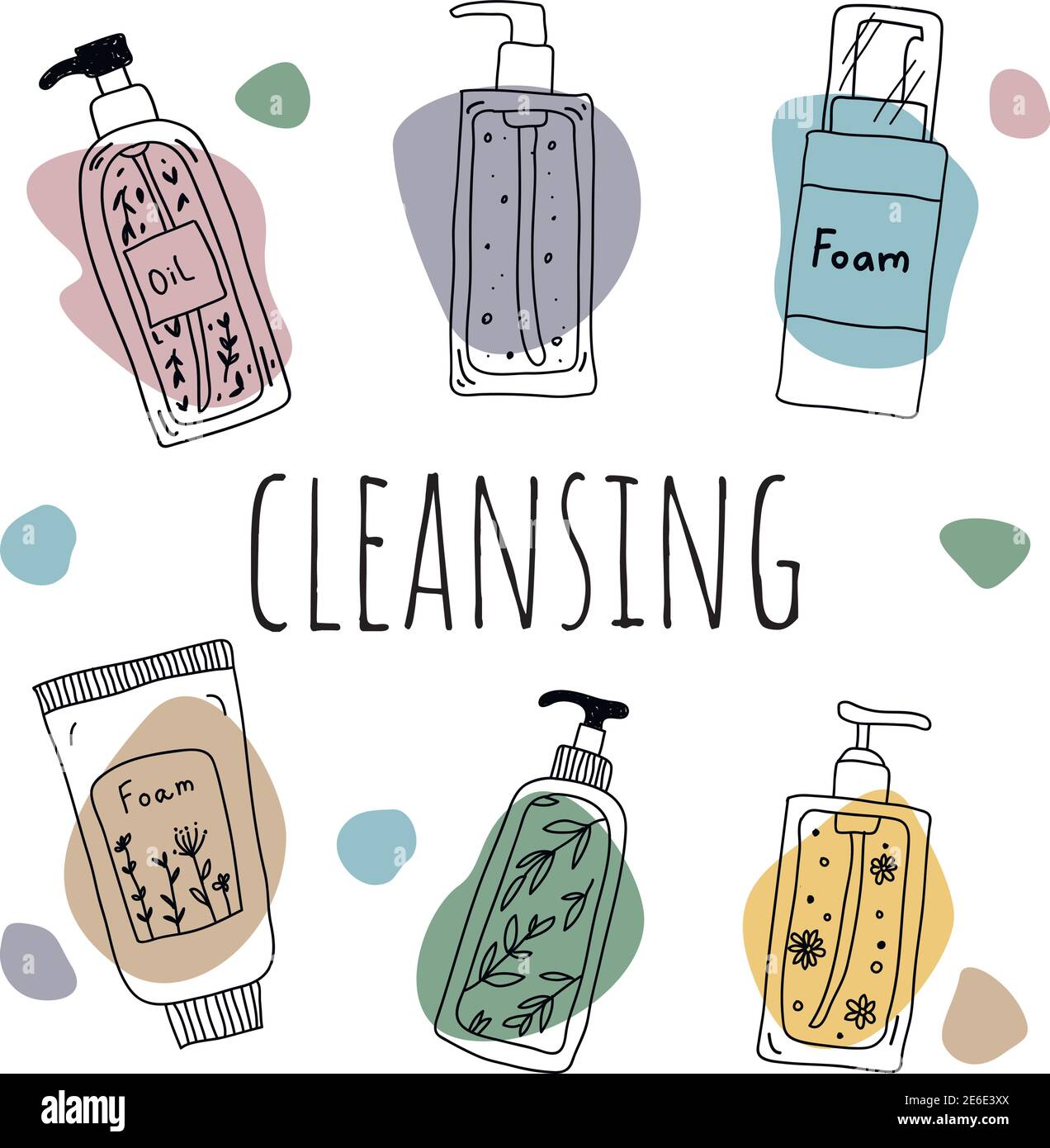 Set of cleansing product. Hand drawn colorful images of skin care ...