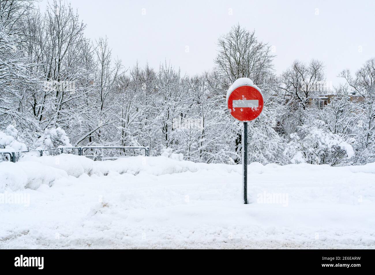 No entry road sign on the roadside in deep snow Stock Photo - Alamy