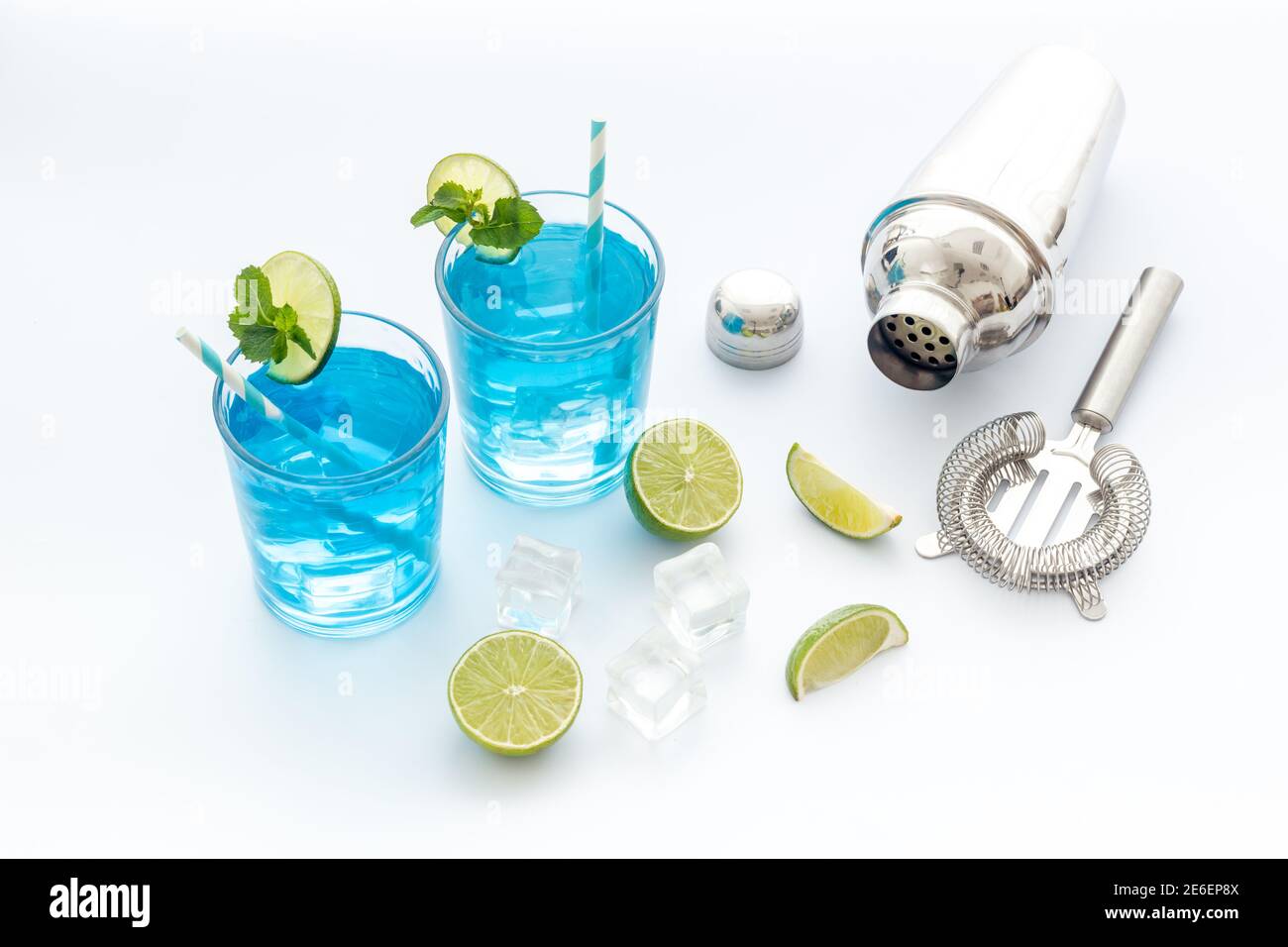 Blue cocktail drinks with bar tools and ice, close up Stock Photo - Alamy