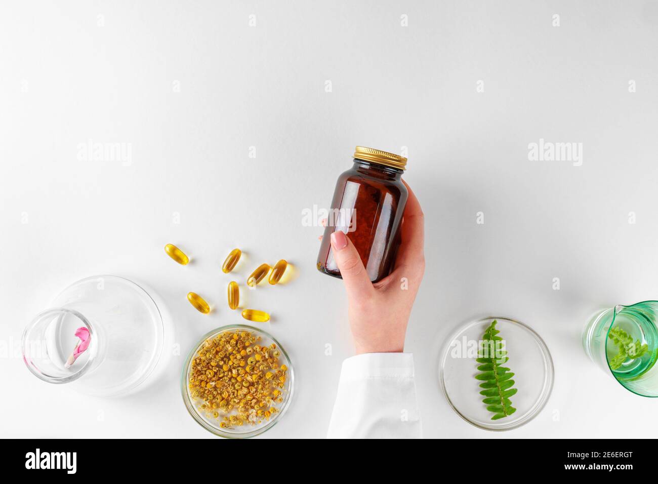 Making herbal dietary supplement in lab with plant leaves. Health and ...