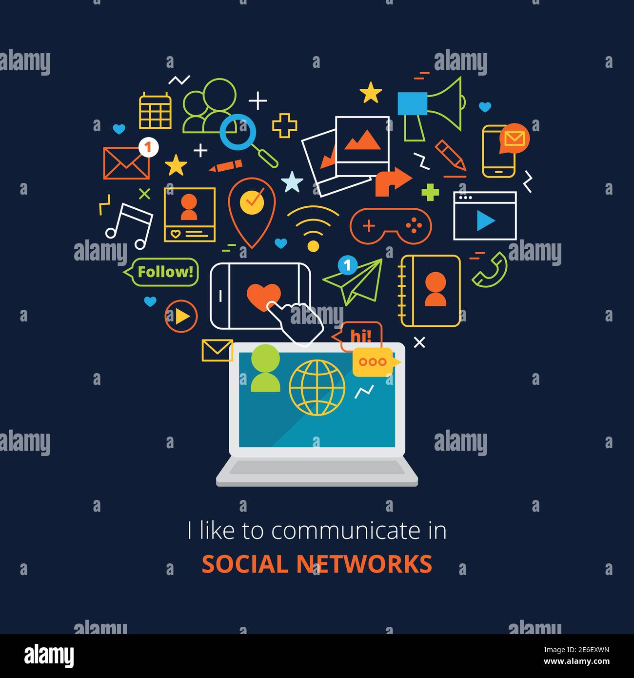 Social media poster with computer and network line abstract icons set ...