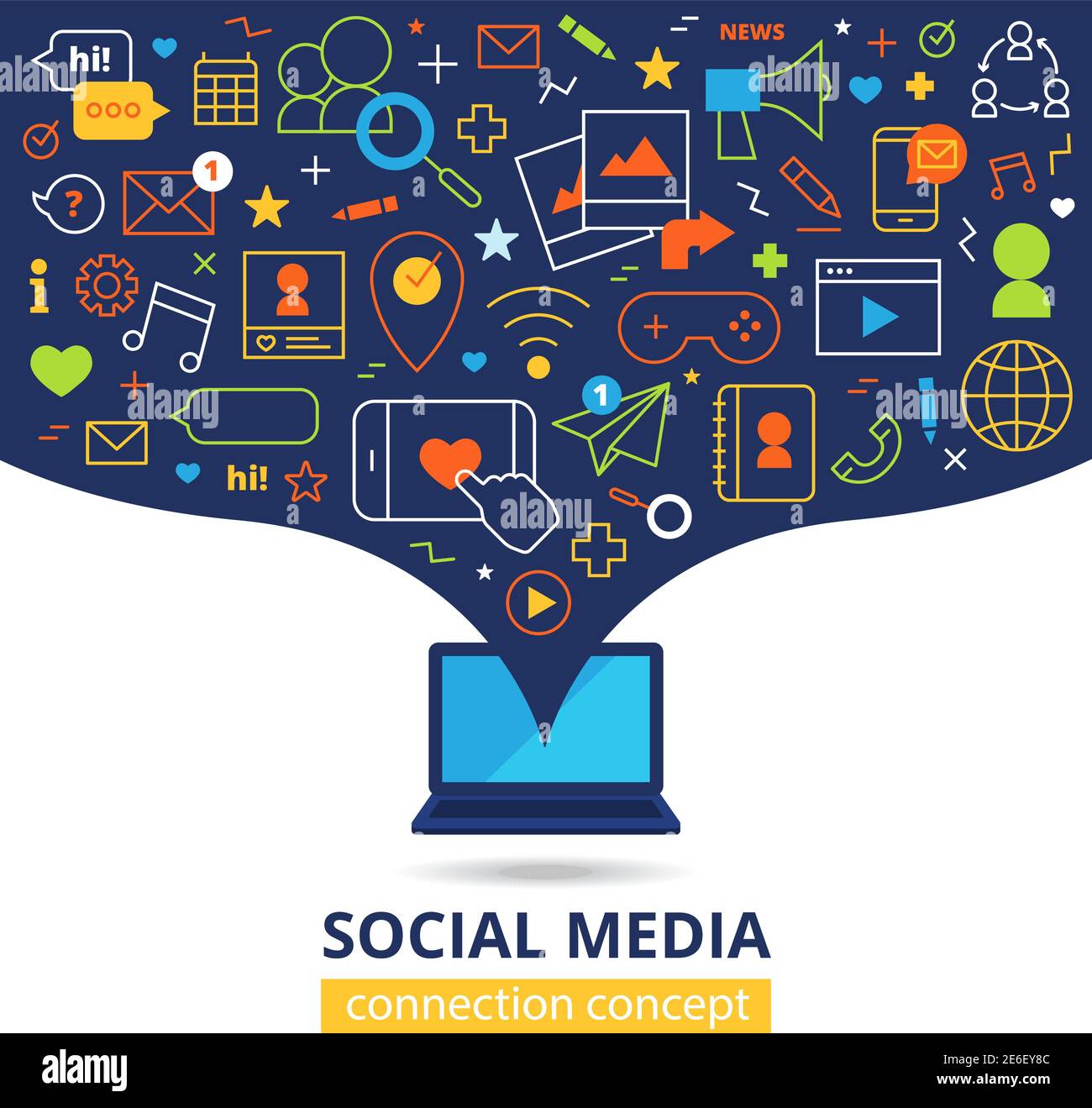 Social media design concept with laptop and abstract line icons set of ...