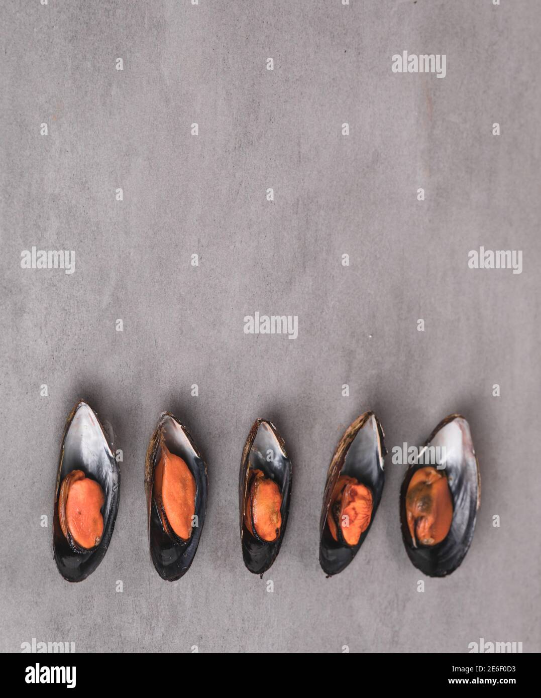Seafood. The delicious, cooked mussels on a grey stone background ...