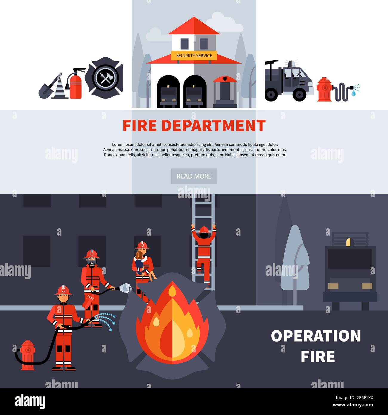 Fire department and extinguishing fire banners with fire station ...