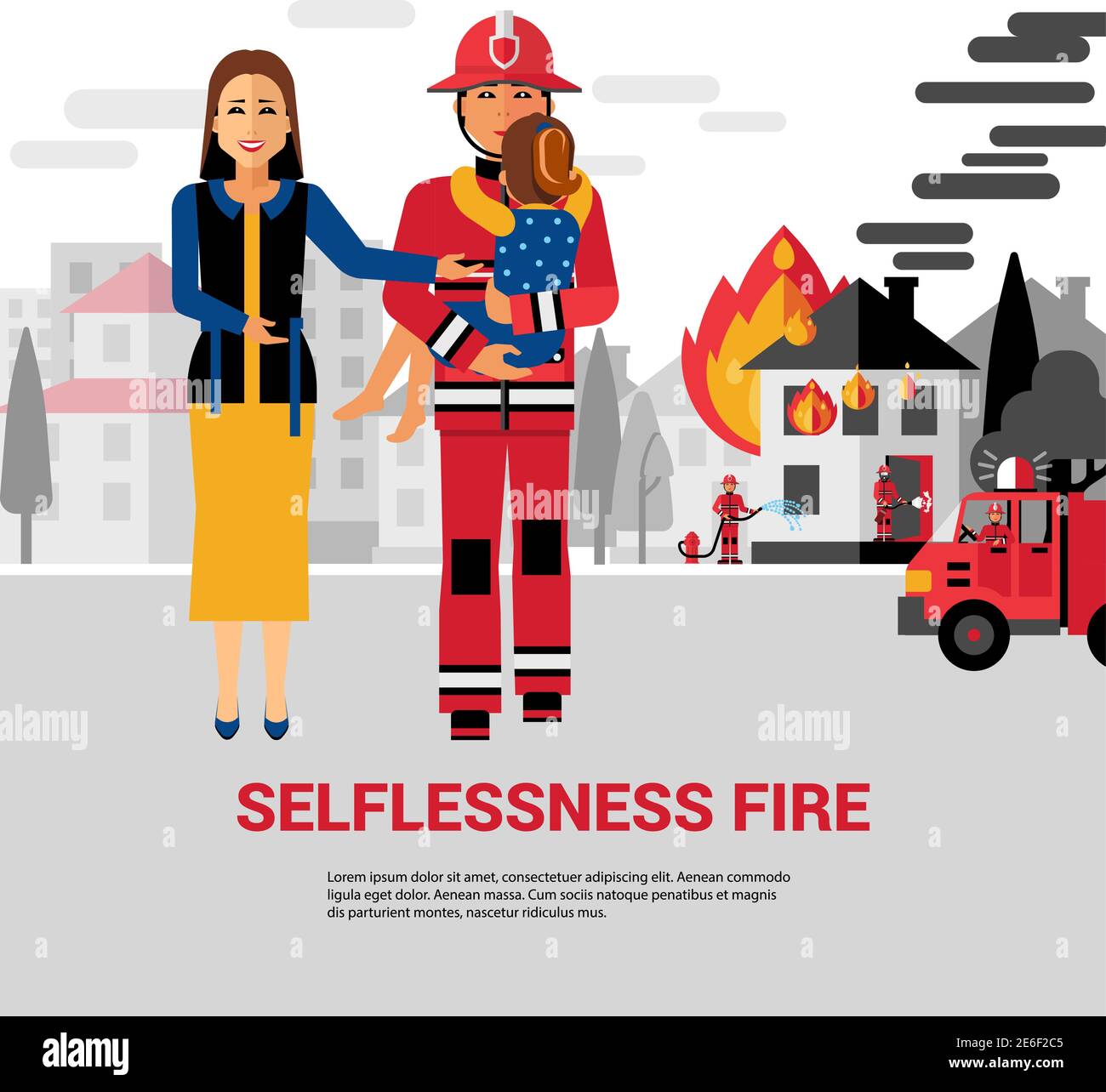 Firefighter flat vector Illustration with burning house firetruck woman ...